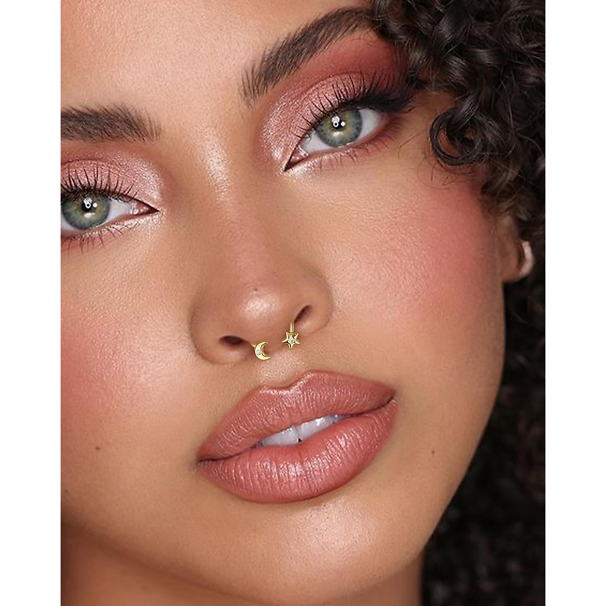 COCHARM Gold Septum Rings 16g, Star and Moon Septum Jewelry Horseshoe Septum Piercing 8mm Dainty Horseshoe Septum Rings Gold Horseshoe Daith Earring Hoop