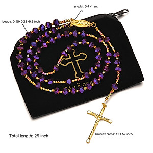 SALOMOCA Rosary Bead Necklace Purple Crystal Beads Christ Catholic Necklaces with Holy Mary Medal and Jesus Crucifix Cross Religious Jewelry in Velvet Bag Fit for Women
