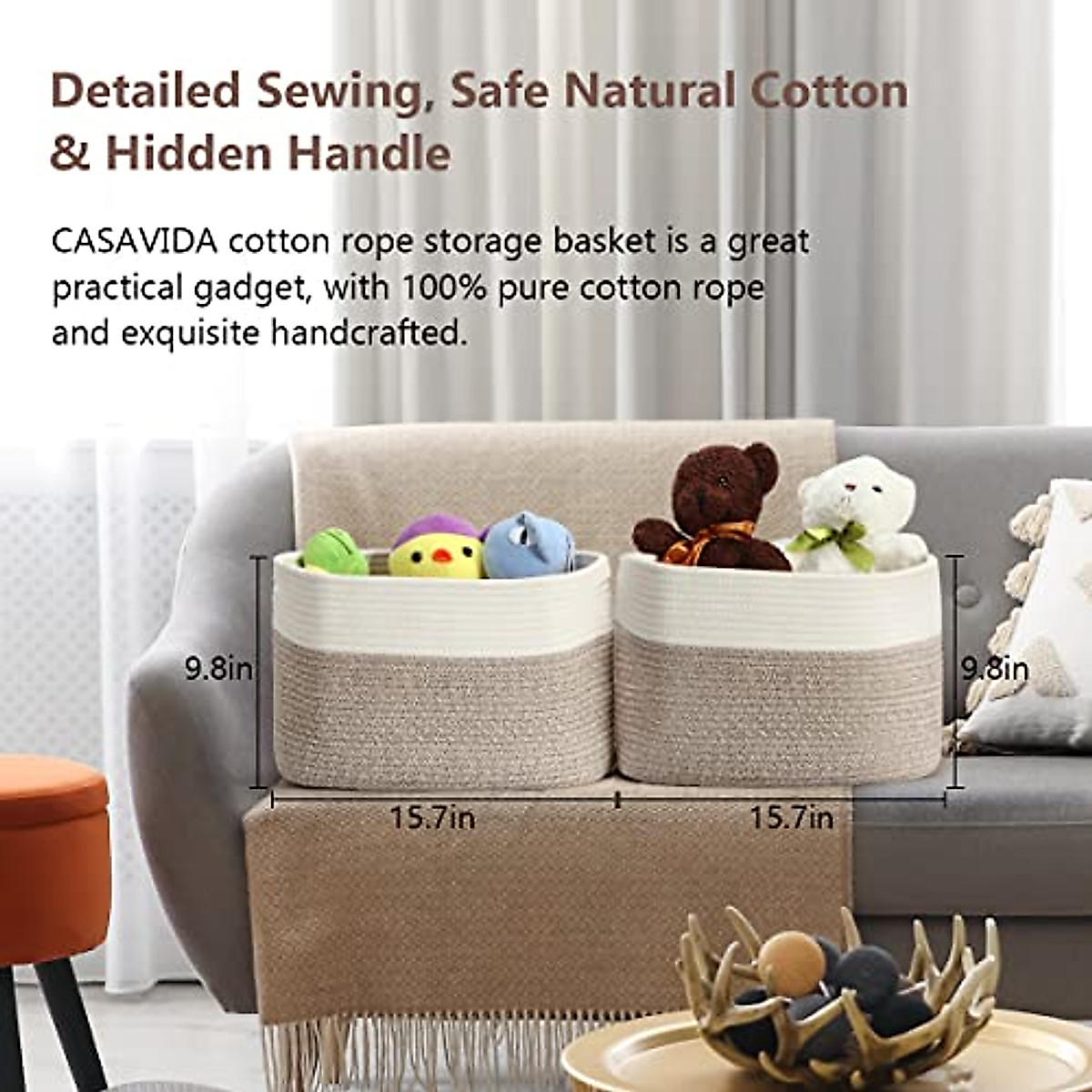 CASAVIDA Woven Baskets for Storage Set of 3, Cotton Rope Basket Storage Baskets for Organizing with Handles, Closet Soft Storage Baskets for Shelf Nursery Baby Laundry Living Room & Bedroom