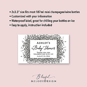 Baby Shower - Custom Silver Gray Glitter (Not Real Foil) Mini Champagne Bottle Label, Personalized Waterproof Mini Wine Bottle Sticker for Baby Shower