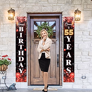 Happy 55th Birthday Porch Sign Door Banner Decor Red and Black – Glitter Cheers to 55 Years Old Birthday Party Theme Decorations for Men Women Supplies