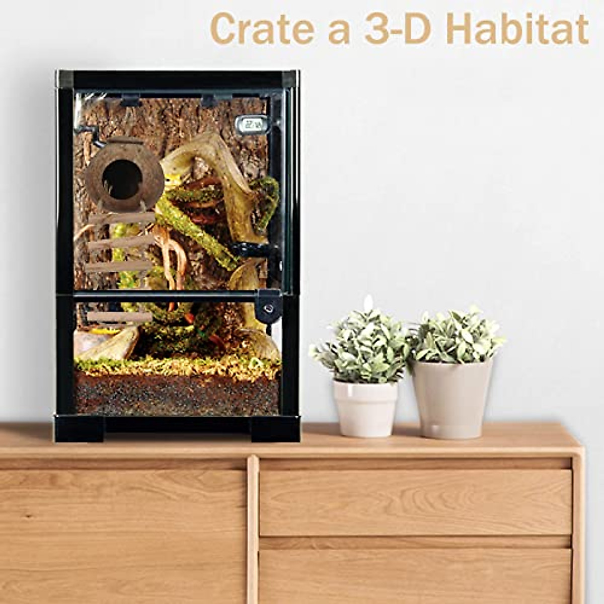 RUNANIA Crested Gecko Tank Accessories, Reptile Vines and Plants Coco Hut Coconut Shell with Ladder Hideout Cave Habitat Decor for Climbing Lizard Leopard Gecko Tortoise Amphibians Hermit Crab