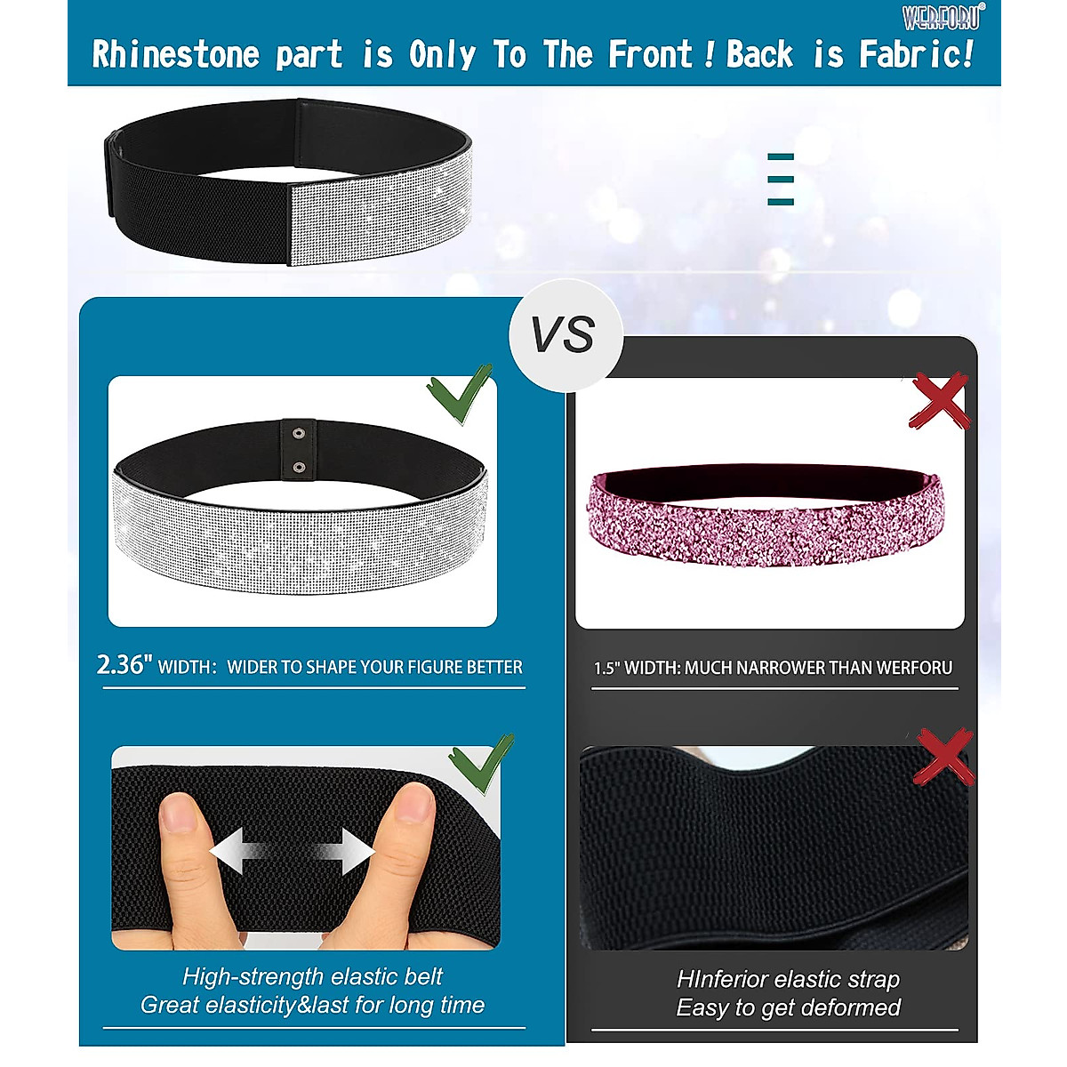 WERFORU Women Rhinestone Wide Crystal Elastic Dress Belt Bling Sparkle Stretch Shiny Party Waist Belt