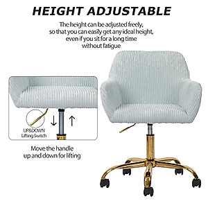 KCC Corduroy Fabric Vanity Makeup Desk Chair, Fluffy Swivel Modern Armchair with Wheels, Upholstered Fuzzy Height Adjustable for Girls Home Office, Blue