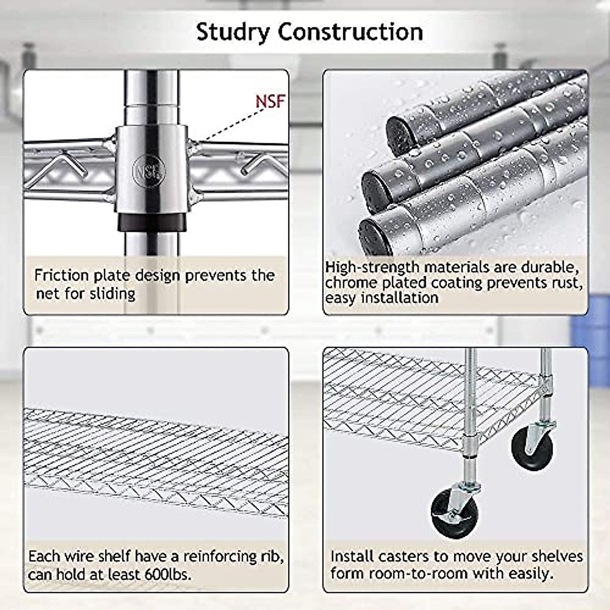 6 Tier Storage Shelves, Wire Shelving Metal Shelf Adjustable Height, Heavy Duty Garage Storage Shelves with Wheels, 82 "H x 48 "L x 18 "W, 2100 lb Weight Capacity (Chrome)