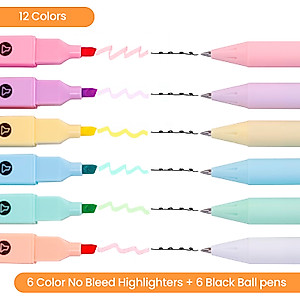 Bible Highlighters and Pens No Bleed, 12 Pcs Pastel Highlighter Set and Ballpens (Black Ink), No Bleed Highlighters for Bibles Study Journaling School Office Supplies, Aesthetic Highlighters
