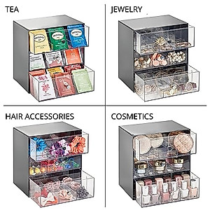 mDesign Plastic Tea Bag Caddy Box Storage Container Organizer Holder with 3 Drawers - for Kitchen Pantry, Cabinet, Countertop - Holds Coffee, Sugar Packets - Lumiere Collection - Charcoal Gray/Clear