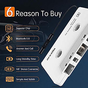 Arsvita Car Audio Bluetooth Cassette Receiver, Tape Player Bluetooth 5.0 Cassette to Aux Adapter