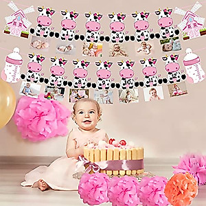 Cow First Birthday Party Decoration for Girls Pink Cow Theme 1st Birthday Photo Banner for Newborn to 12 Months for Baby Girls Farm Theme 1st Birthday Party Supplies