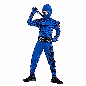 Spooktacular Creations Ninja Costume for Boys, Blue Ninja Kungfu costume for Kids Halloween Dress Up Party, Role Playing, L
