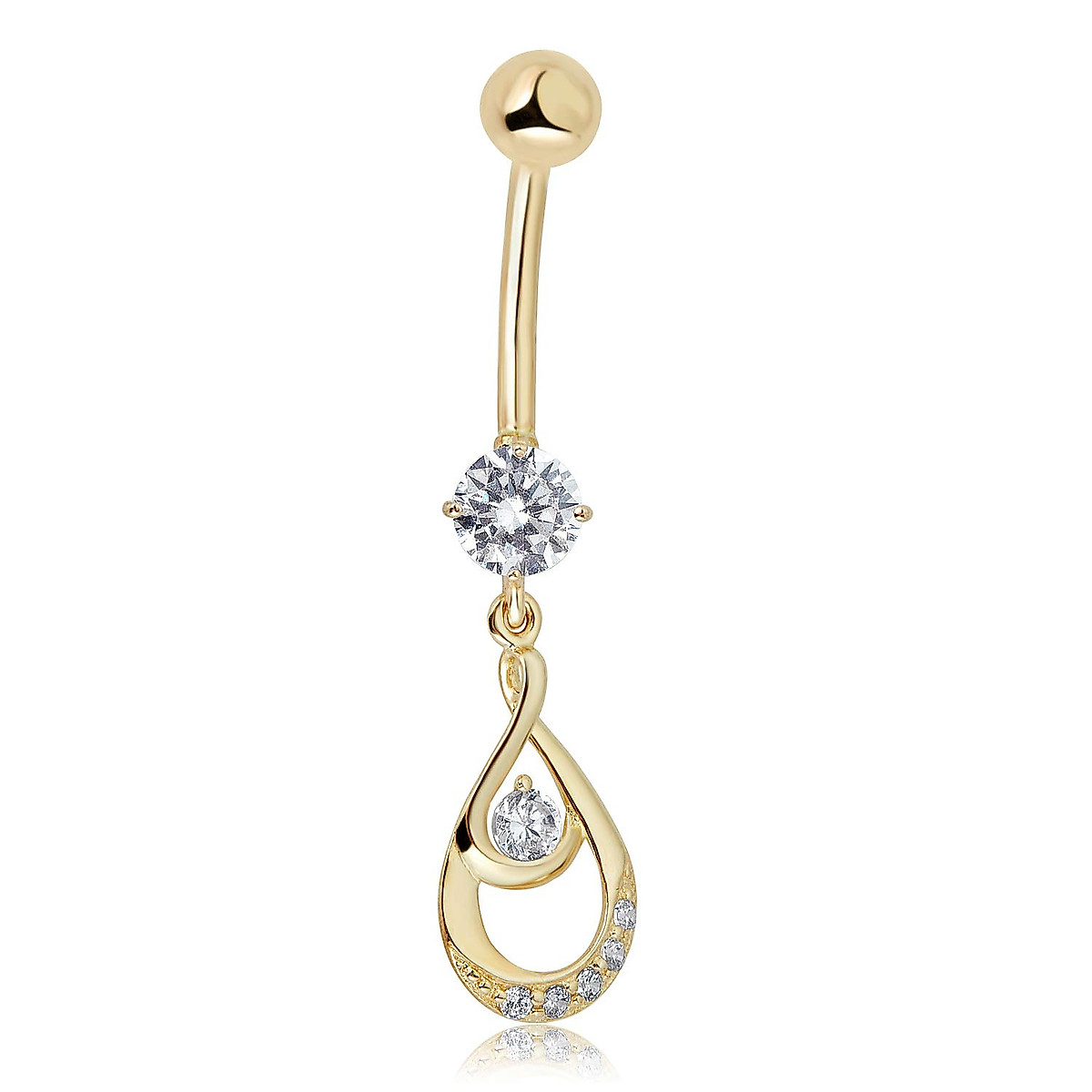 AVORA 10K Yellow Gold Simulated Diamond CZ Dangling Fancy Drop Belly Button Ring Body Jewelry (14 Gauge)