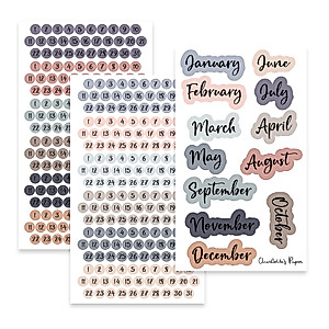 Date Dots 12 Months, Small Number Stickers, Months Stickers for Planners, Journal stickers for planning, Dreamy Boho Multicolor (Black Font)