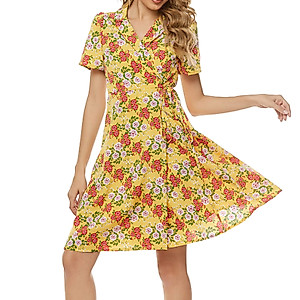 Padaleks Womens Dresses Summer Casual Floral Print Short Sleeve Midi V-Neck Baggy Split Beach Party Dress w/Belt