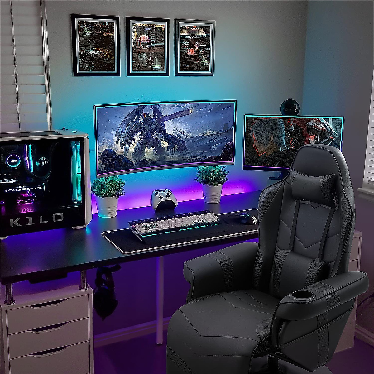 Homall Computer Racing Style Pu Leather Ergonomic Adjusted Reclining Video Gaming Single Sofa Chair with Footrest Headrest and Lumbar Support (Black)