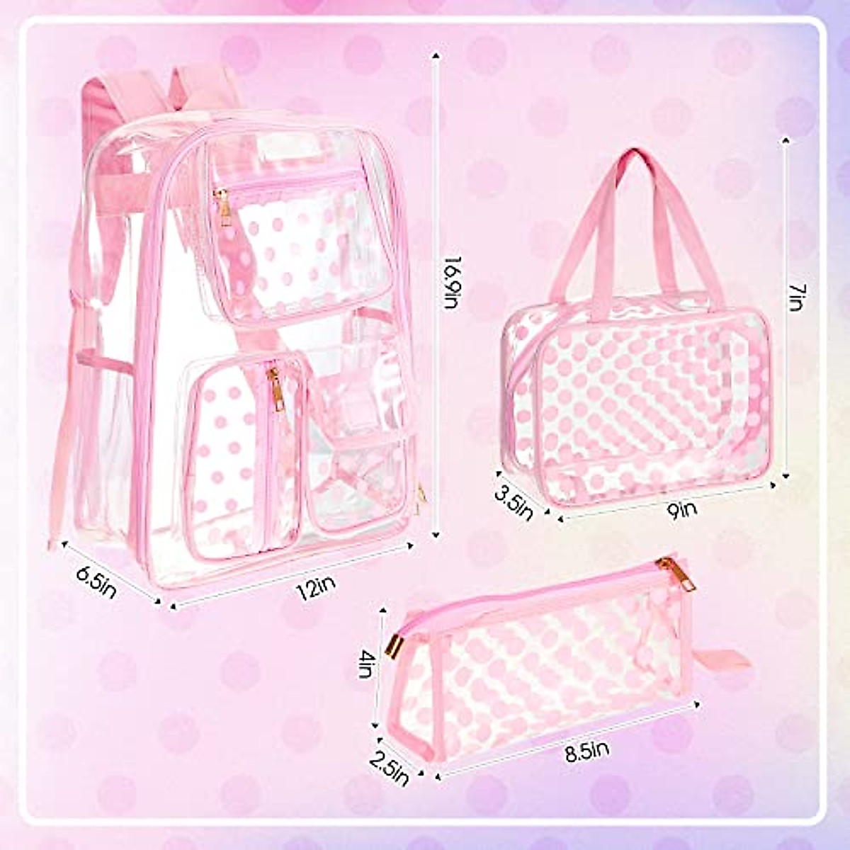 Silkfly 3 Pcs Clear Backpack Transparent School Backpacks PVC Clear Bookbag with Lunch Bag Pencil Case for Stadium, School (Pink, Polka Dot)