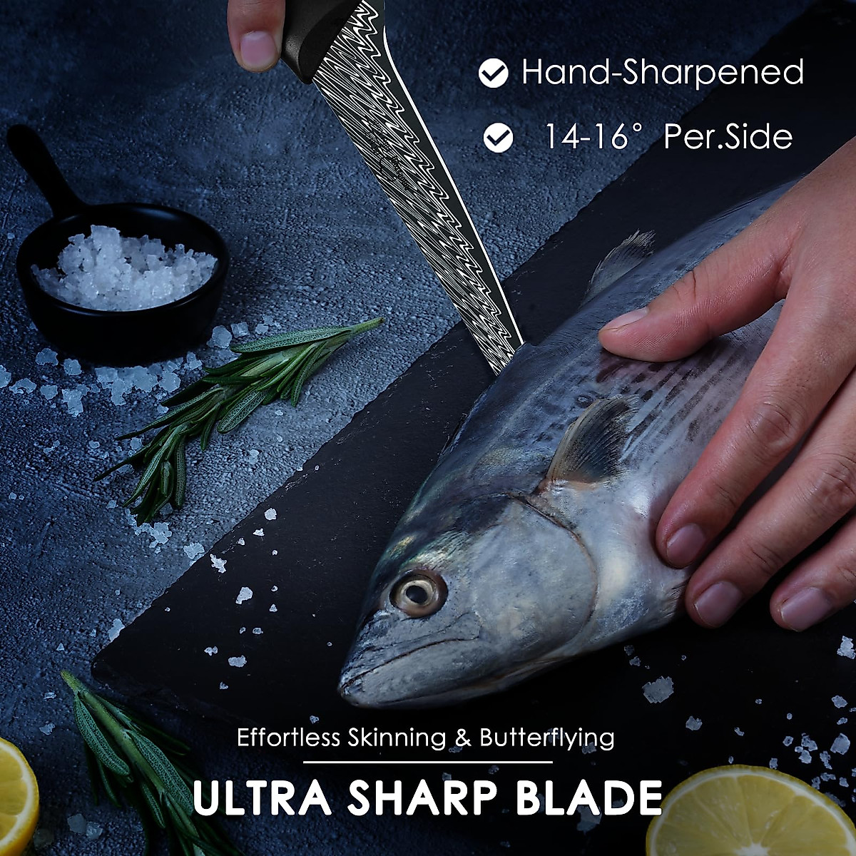 Amorston Fish Fillet Knife, 7" Fishing Knife, German Stainless Steel, Filet Knife for Fish and Boning Knife for Meat Cutting, Dishwasher Safe