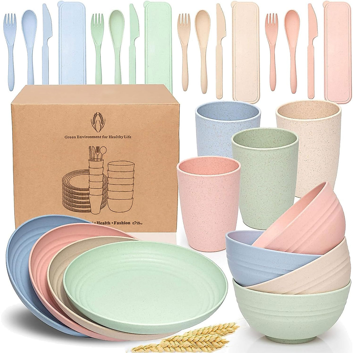 Wheat Straw Dinnerware Sets Service for 4 with Plastic Red & White Checkered Tablecloths, 28PCS Unbreakable Plastic Dinnerware Sets, Kids Plates and Bowls Sets, Lightweight Camping Cutlery Set