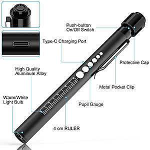RISEMART Pen Light for Nurse, Rechargeable LED Medical Pen Light, Warm&White Light, Portable Medical PenLight with Pupil Gauge for Nurse, Doctor, First Aid, EMT, Nursing,Nursing Student Black
