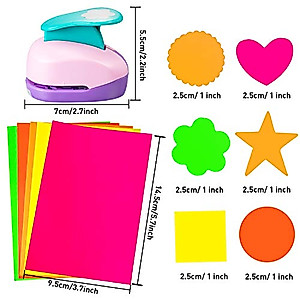 Craft Holes Punch 1 Inch Paper Punchers Scrapbook Punches with Craft Sticker Paper, Round, Star, Square, Heart, Flower, Wave Circle Shape (16 Pieces)