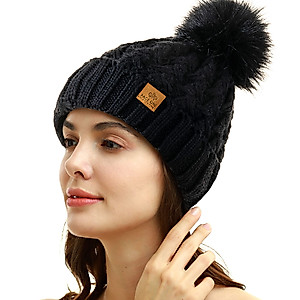PAGE ONE Womens Winter Ribbed Beanie Crossed Cap Chunky Cable Knit Pompom Soft Warm Hat Black