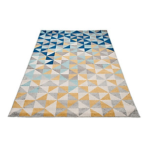 TAPISO Lazur Area Rug Teenager Geometric Small Triangles Grey Yellow Blue Living Room Bedroom Durable Resistant Carpet Size - 6x9 ft (180x270 cm)
