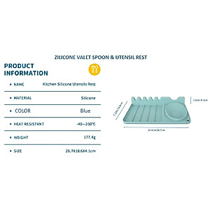 Zilicone Valet Silicone Spoon Rest with Drip Pad - 5 Slotted Spoon Rest for Kitchen Utensils, Tongs, Ladles - Heat Resistant Spoon Holder for Stove Top, Countertops, & Tables (Blue, 1)