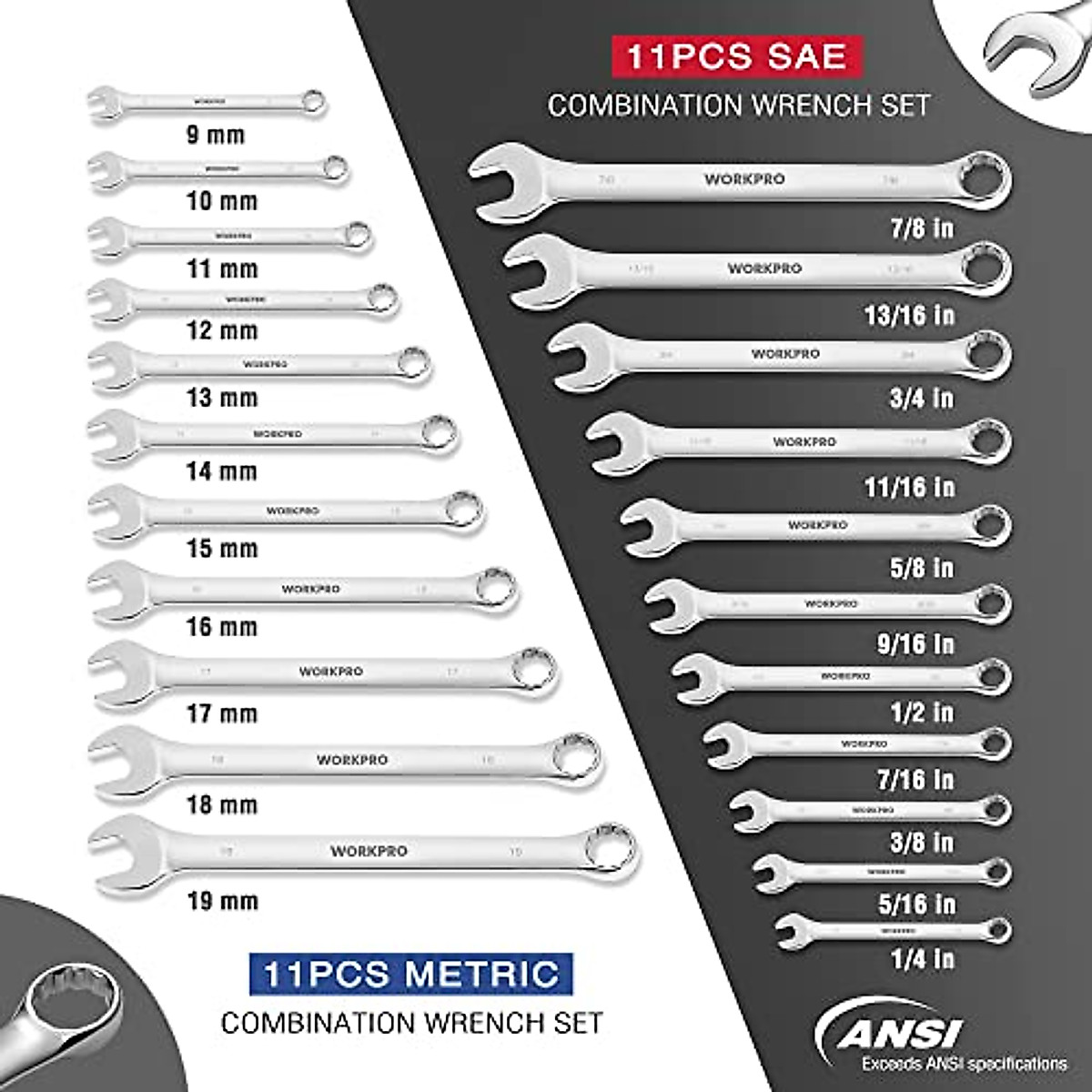 WORKPRO Mechanics Wrench Set Metric and Standard, 22PCS Complete Combination Wrenches Set. SAE 1/4" to 3/4", Metric 9mm to 19mm, Automotive Wrench Set with Rack Organizer