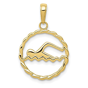 Jewelry Stores Network 10k Yellow Gold Swimmer Inside Open Round Textured Pendant 20 mm x 17 mm