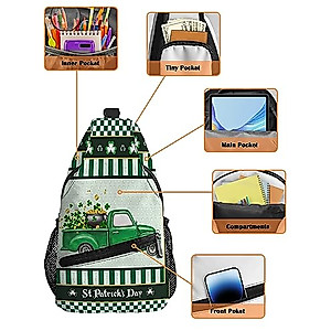 Gsypo Sling Backpack, St. Patrick's Day Truck Pull Shamrock Checkered Pattern Waterproof Lightweight Small Sling Bag, Travel Chest Bag Crossbody Shoulder Bag Hiking Daypack for Women Men
