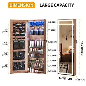 LVSOMT LED Wall/Door Mounted Jewelry Cabinet Armoire, Full Length Mirror with Lights, Lockable Storage Organizer, Over the Door Hanging Dressing Body Mirror (Wood)