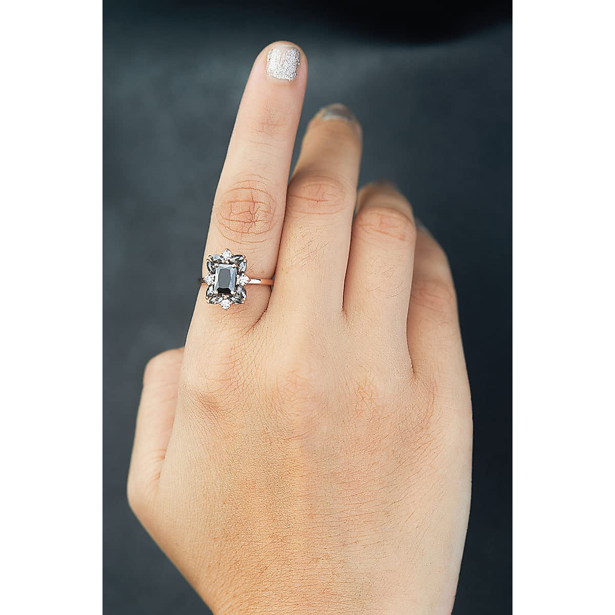 Natural Black Diamond Engagement Ring Marquise Rose Cut Salt and Pepper Diamond Ring Rose Gold Finish 925 Silver (6)