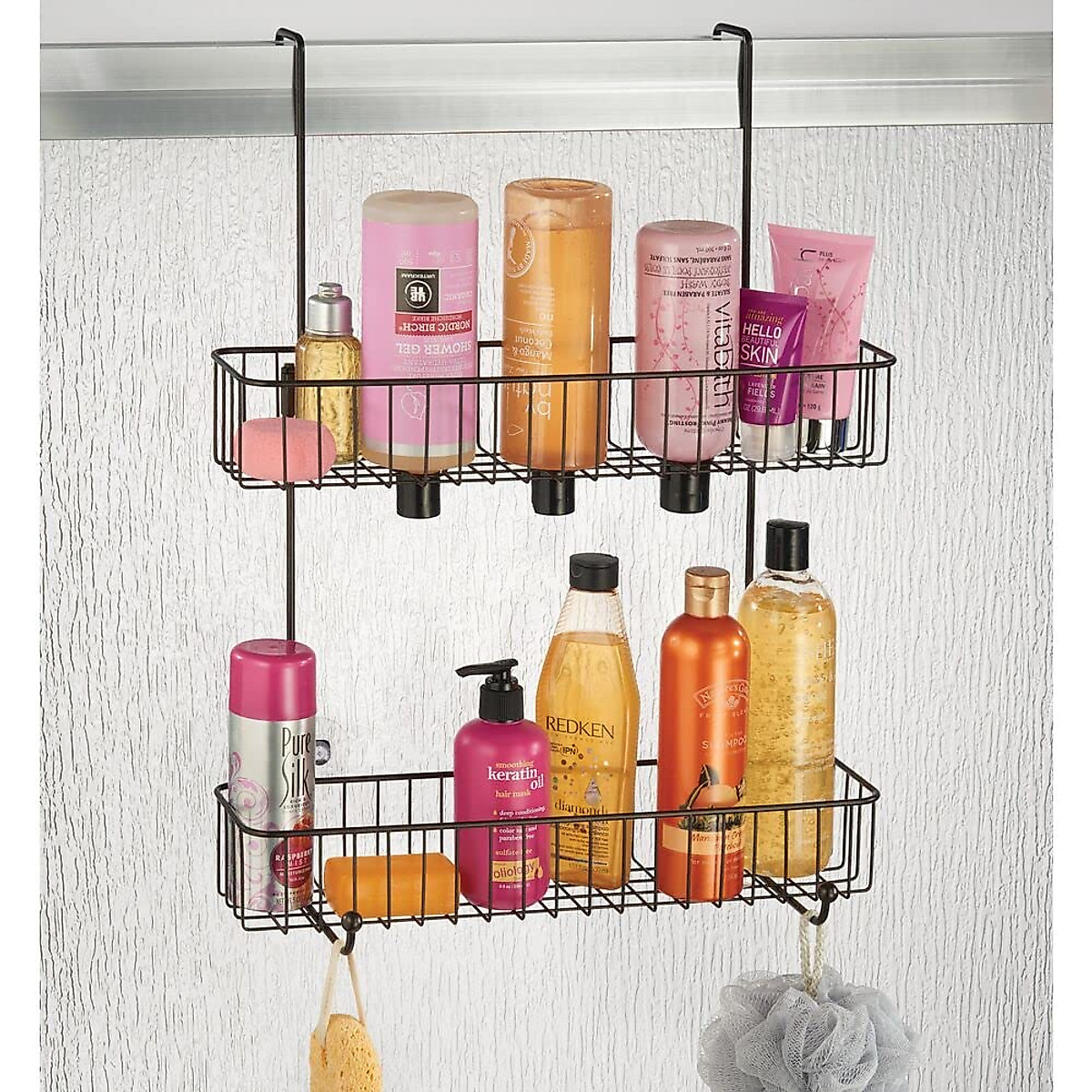 mDesign Extra Wide Metal Wire Over The Bathroom Shower Door Caddy, Hanging Storage Organizer Center with Built-in Hooks and Baskets on 2 Levels for Shampoo, Body Wash, Loofahs - Bronze