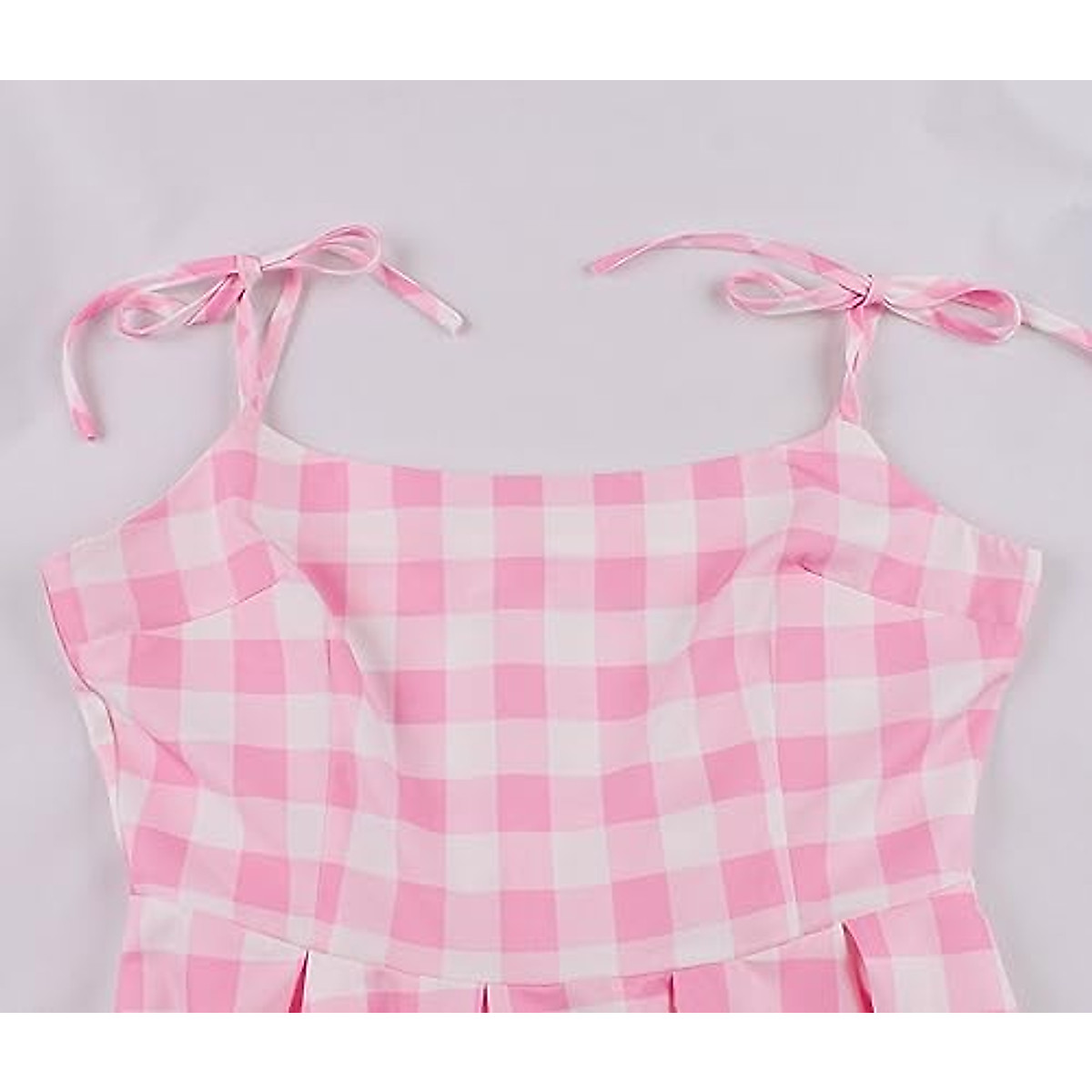 Nihsatin Barbie Pink Swing Dress Tie Shoulder Plaid Printed Knot Waist Dress