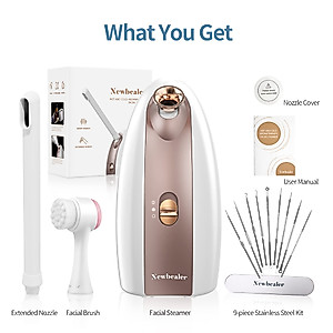 Newbealer Pro Facial Steamer, Hot & Cool Aromatherapy Nano Ionic Steamer with 360° Extended Nozzle, Face Moisturizing Deep Cleaning, Portable for Home Spa, 9-Piece Acne Set and Face Brush