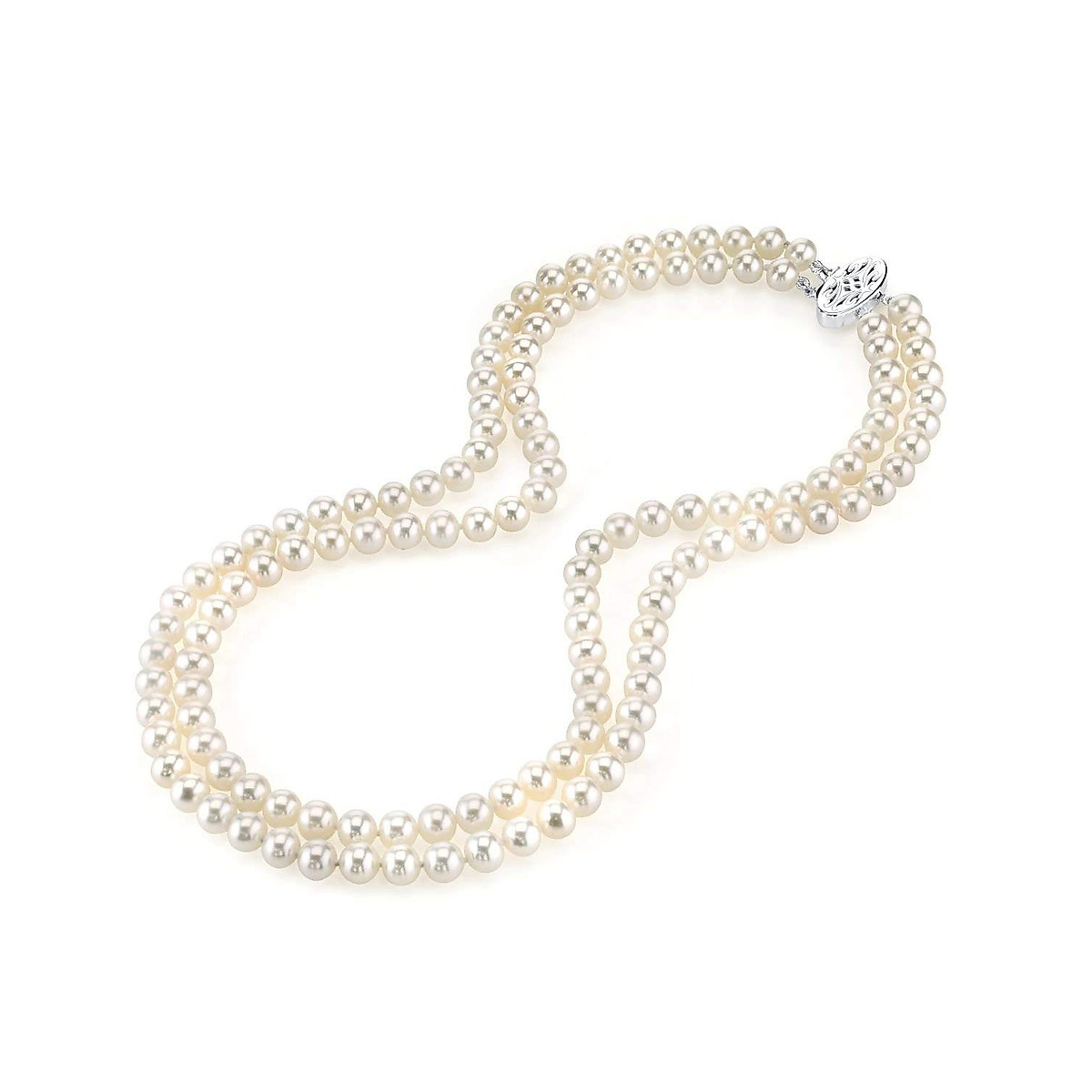 The Pearl Source 6.5-7.0mm AAA Quality Double Strand White Freshwater Cultured Pearl Necklace for Women in 18-19" Princess Length