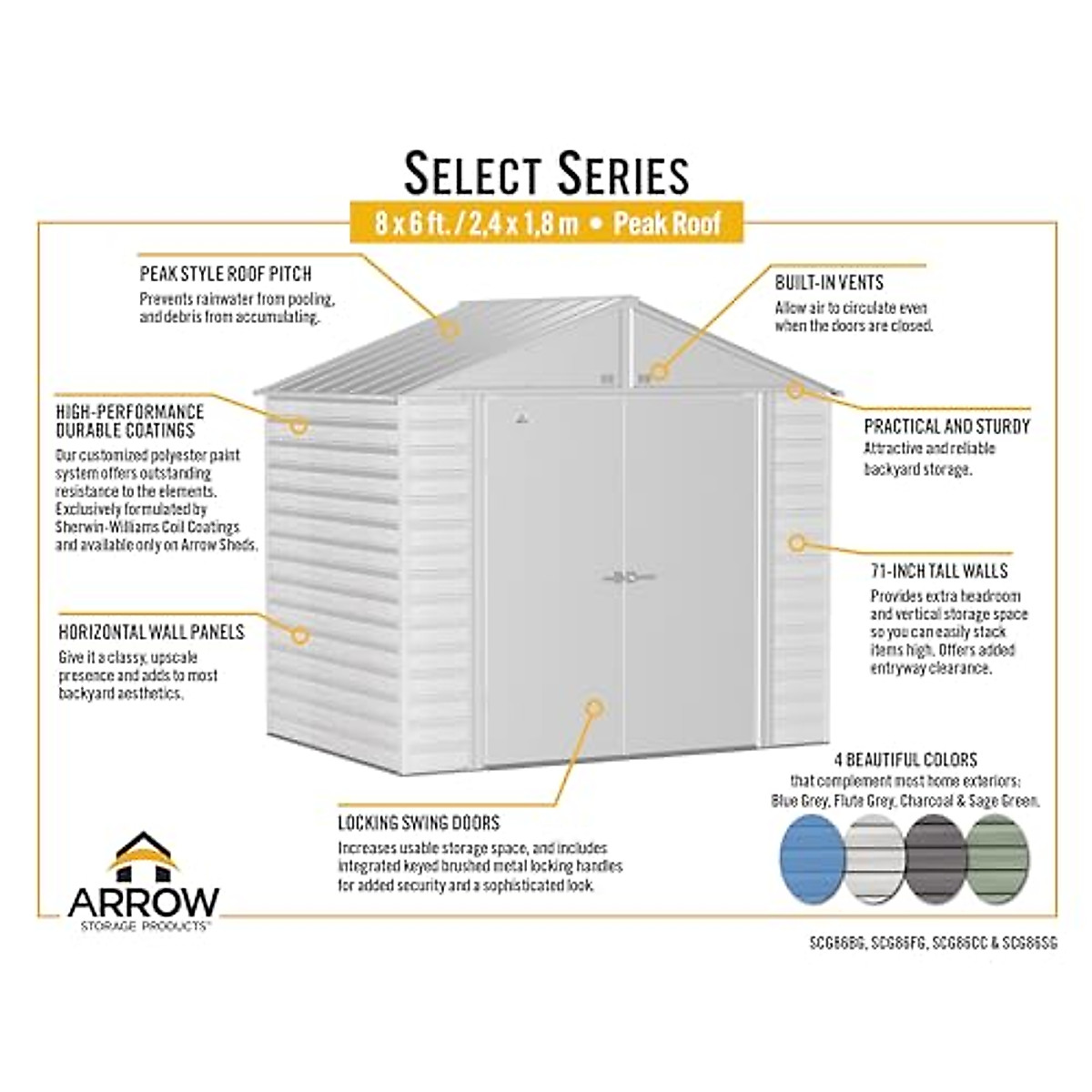 Arrow Select 8' x 6' Outdoor Lockable Steel Storage Shed Building, Flute Grey