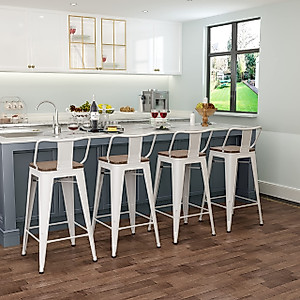 Tongli Metal Bar Stools Set of 4 Barstools Counter Height Bar Stools with Back Industrial Bar Stool Indoor Counter Stool Kitchen Island Stools Modern Bar Chair with Wood Top 24 inch White Cream
