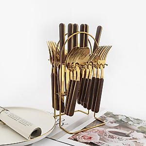 Silverware Set with Holder - Uniturcky Hanging Flatware Set with Stand - 24PCS Cutlery Set with Faux Wooden Handle - Stainless Steel Utensils Set for Home Restaurant Party (Gold, Service for 6)