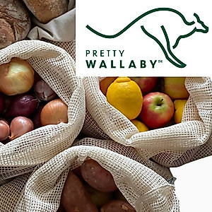Pretty Wallaby| Onion&Potato Reusable Mesh Bags| Vegetable Storage Bags| 100% Cotton| Set of 3 X-Large Bags&1 Large Linen Bread Bag