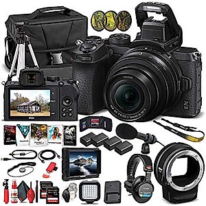 Nikon Z 50 Mirrorless Digital Camera with 16-50mm Lens (1633) + 4K Monitor + FTZ Mount Adapter + Headphones + Pro Mic + 3 x ENEL25 Battery + 2 x 64GB Card + Case + More (International Model) (Renewed)