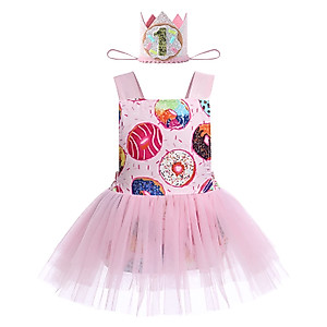 Donut Grow Up Party Supplies, Sweet One Birthday Decorations, Newborn Baby Girls Crown Birthday Romper Colorful Doughnut Bodysuit Jumpsuit Headband Summer Photo Shoot Outfit Pink - Donut 12-18 Months