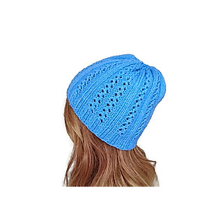 Womens Beanie Hat with Lace Design, Sky Blue, 100% Wool, Hand Knit Snug Cap, Teen Girls Skater Skullie