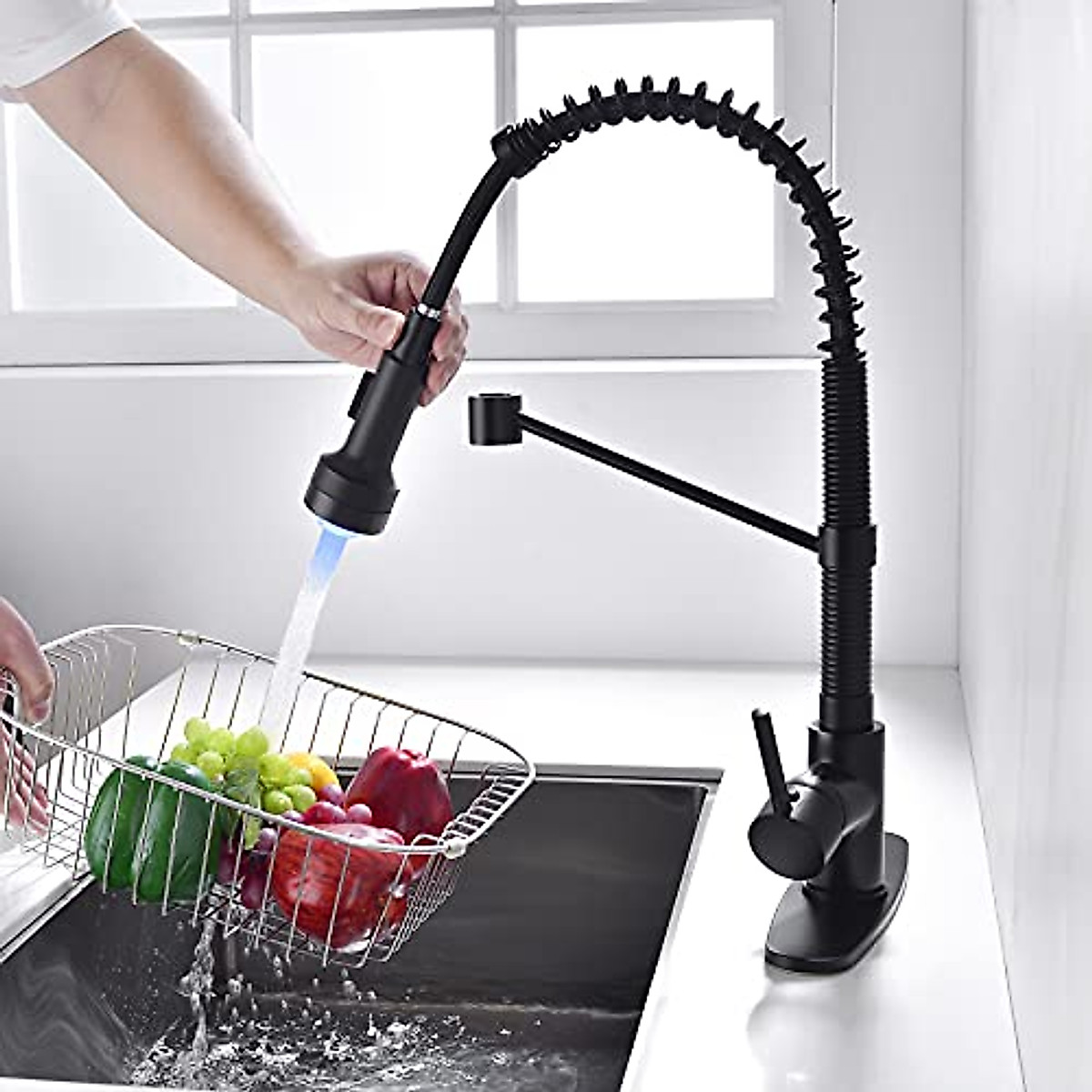 Kemino Matte Black LED Kitchen Faucet with Pull Down Sprayer, Lead-Free Solid Brass Spring Kitchen Sink Faucet with LED Light Commercial with Deck Plate (Matte Black)