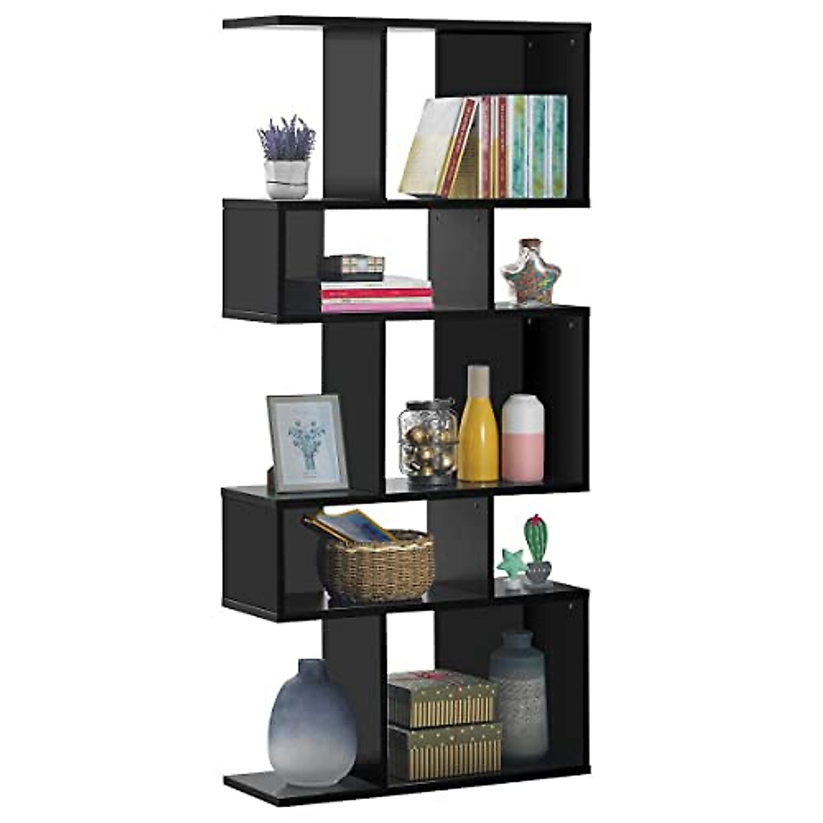 Giantex 5-Tier Geometric Bookshelf Black, 70'' Tall Wood Freestanding Decorative Display Open Shelves with Anti-Tipping Device, Each Shelf Holds up to 44 lbs, Wooden S Shaped Bookcase