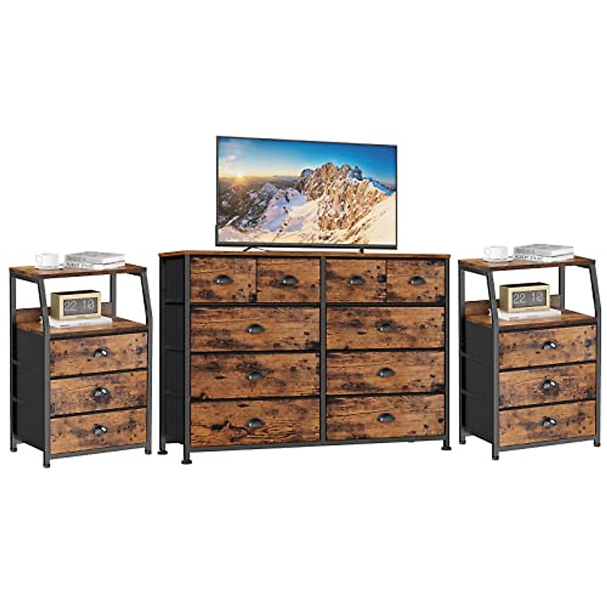 Furnulem Dresser for Bedroom, Nightstand with Fabric Drawers Storage Organizer Furniture for Closet, Living Room, Nursery, Hallway, Wooden Top, Metal Frame (Rustic Brown)