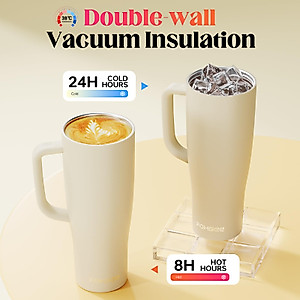 FOHGEE 40oz Tumbler with Handle and Straw Lid【Magnetic lid + Removable built-in straw】100% Leak-proof Travel Coffee Mug, Stainless Steel Insulated Cup, Keeps Cold for 24Hrs (ChillWave Cream Whisper)