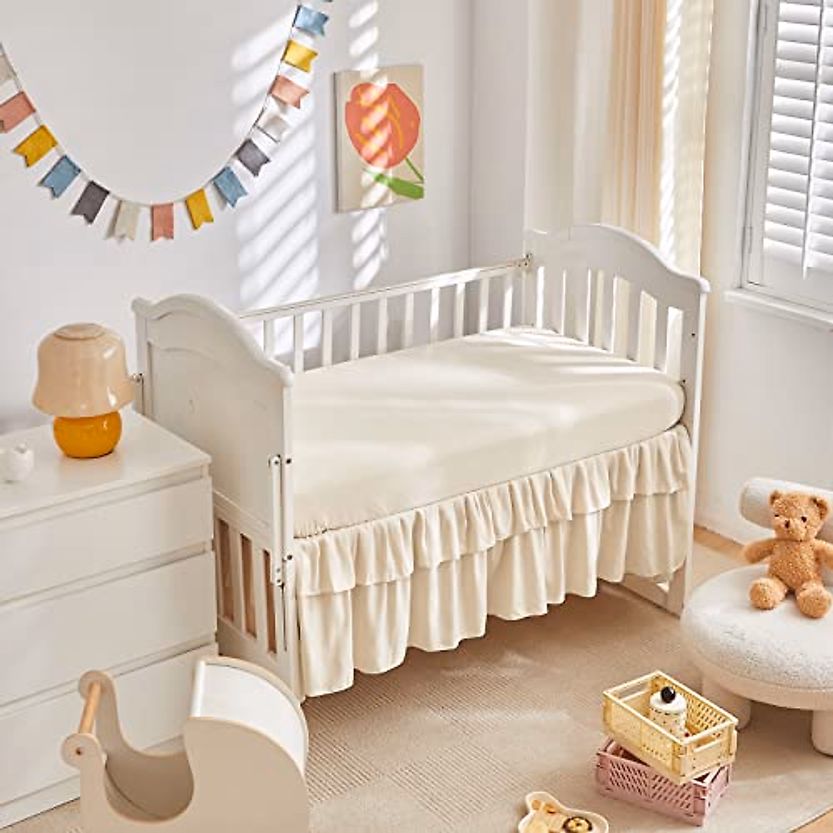 Tufted Ruffle Crib Bedding Set 3 Pieces Baby Boho Quilted Comforter with Fitted Sheet and Bed Skirt - Cute Ruffled Shabby Chic Baby Bedding Soft Blanket Design Cream White