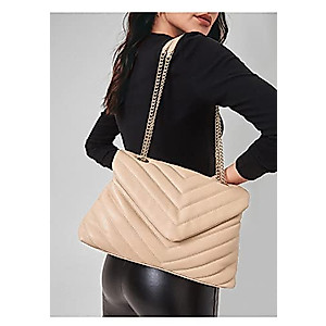 LMKIDS Quilted Crossbody Bags for Women, Trendy Roomy Shoulder Handbags with Flap Gold Hardware Chain Purses Shoulder Bag (Apricot-12.6in)