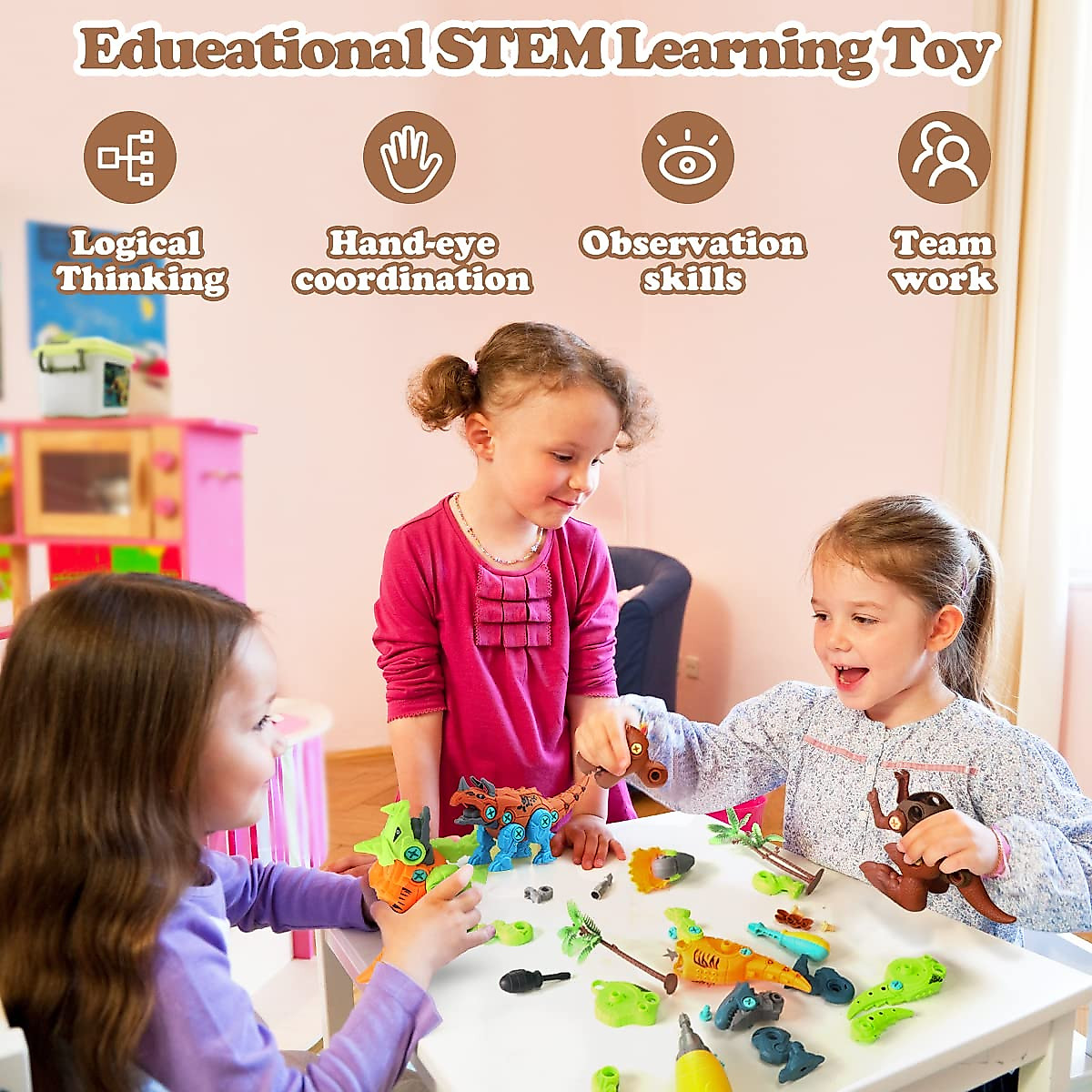 FINOTIC Dinosaur Toys for Kids 3-5 5-7, Take Apart Dinosaur Toy w/Electric Toy Drill for Boys and Girls 3 4 5 6 7 8 Year Old, Educational Building Toy w/Storage Box for Birthday Easter Gift,Set of 5