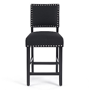 DAGONHIL 24 inch Bar Stools Set of 2, Counter Height Stools, Fabric Upholstered Barstools with Back and Wood Leg, Armless Dining Chairs with Silver Copper Nail for Kitchen Island Living Room(Black)